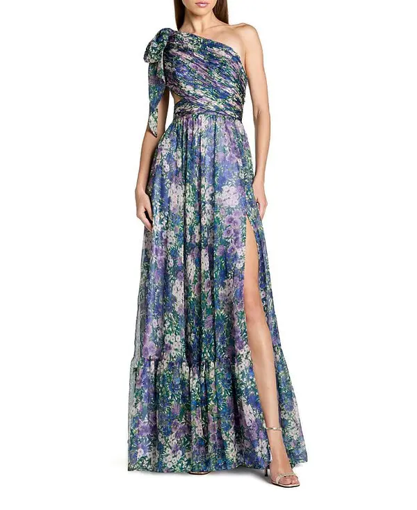 Mac Duggal One Shoulder Floral Printed Chiffon Gown With Side Cut Out And Slit