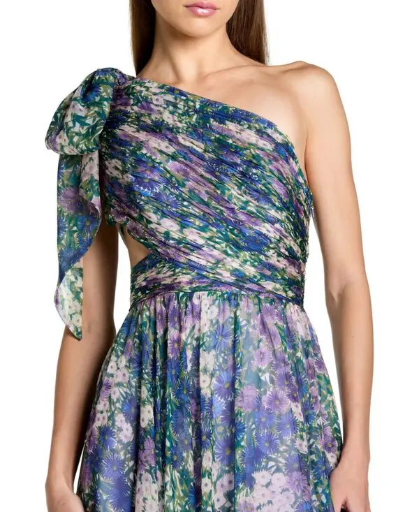 Mac Duggal One Shoulder Floral Printed Chiffon Gown With Side Cut Out And Slit