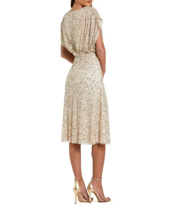 Mac Duggal Sequin Draped Sleeve V-neck Midi Dress