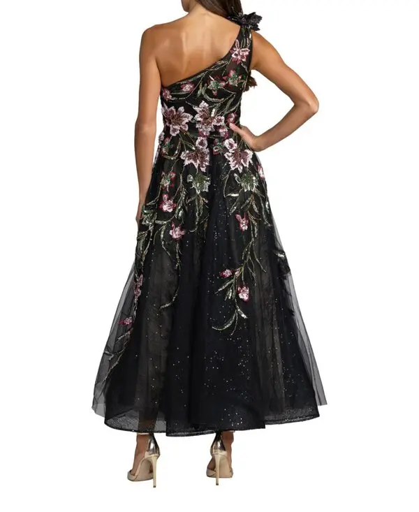 Mac Duggal Embroidered Floral One Shoulder A-line Dress