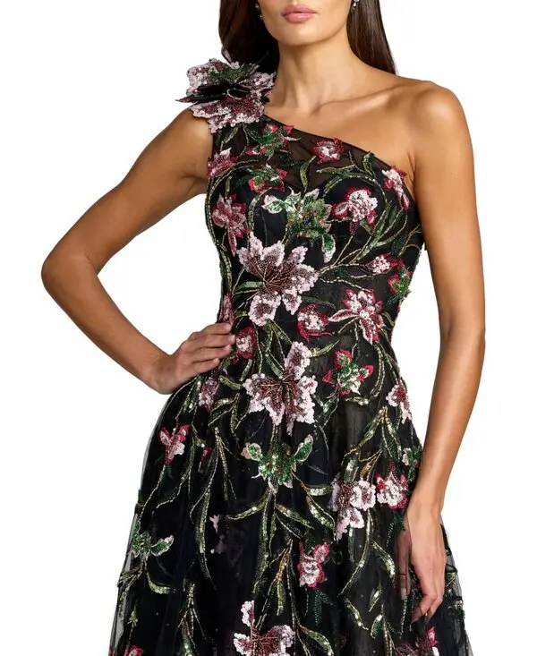 Mac Duggal Embroidered Floral One Shoulder A-line Dress