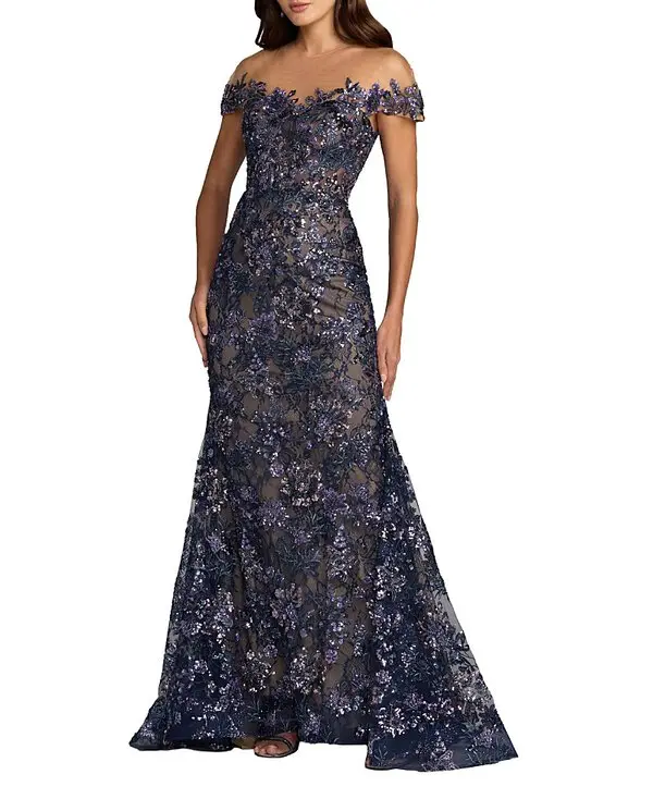 Mac Duggal Lace Mesh Illusion Neck Cap Sleeve Trumpet Gown - Midnight