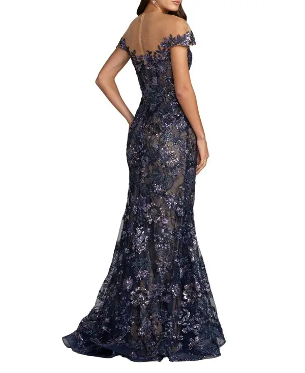Mac Duggal Lace Mesh Illusion Neck Cap Sleeve Trumpet Gown