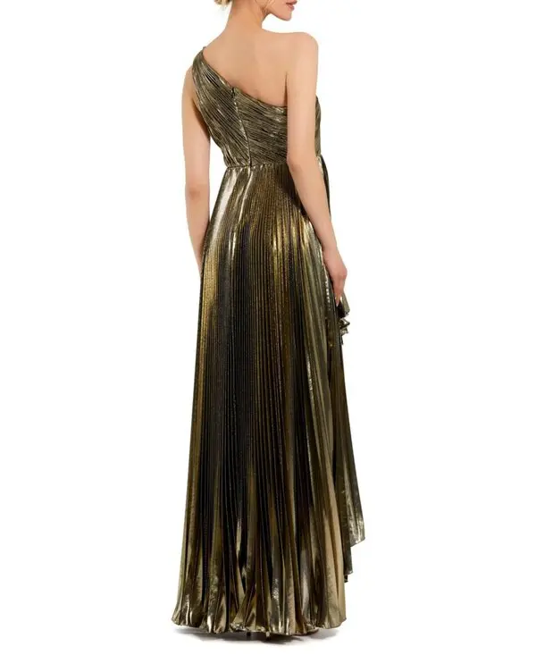 Mac Duggal Petite Pleated Metallic One Shoulder High Low Gown