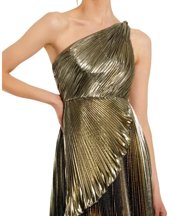 Mac Duggal Petite Pleated Metallic One Shoulder High Low Gown