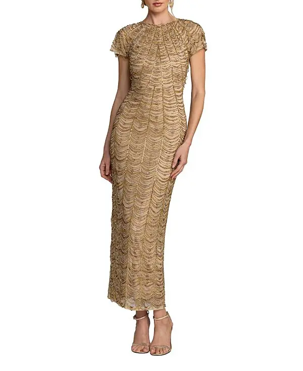 Mac Duggal High Neck Cap Sleeve Beaded Mesh Ankle Dress - Gold