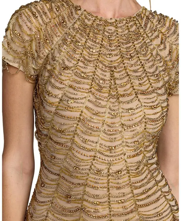Mac Duggal High Neck Cap Sleeve Beaded Mesh Ankle Dress