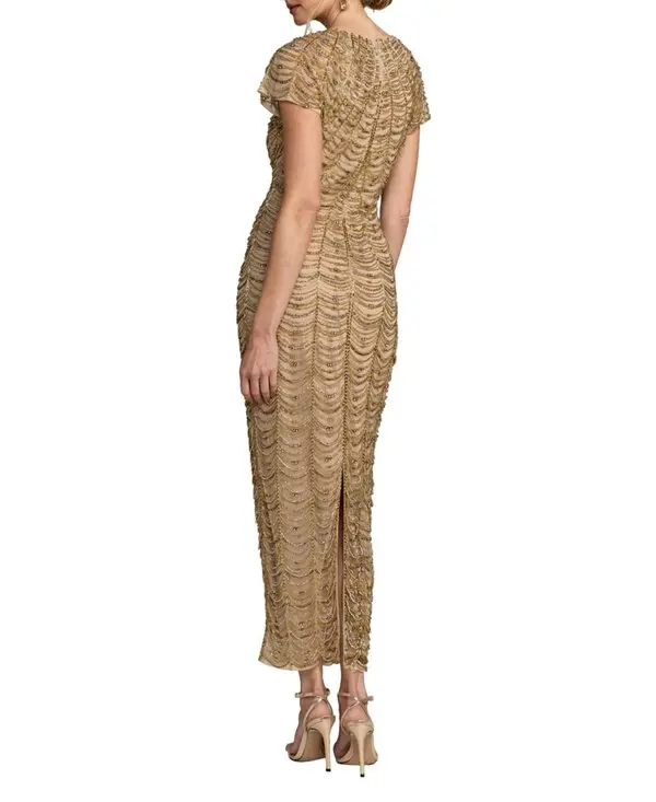 Mac Duggal High Neck Cap Sleeve Beaded Mesh Gown