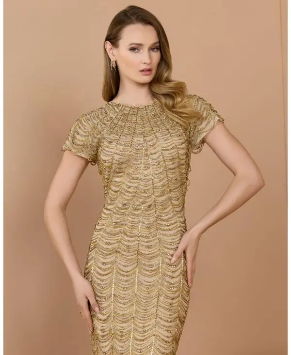Mac Duggal High Neck Cap Sleeve Beaded Mesh Gown