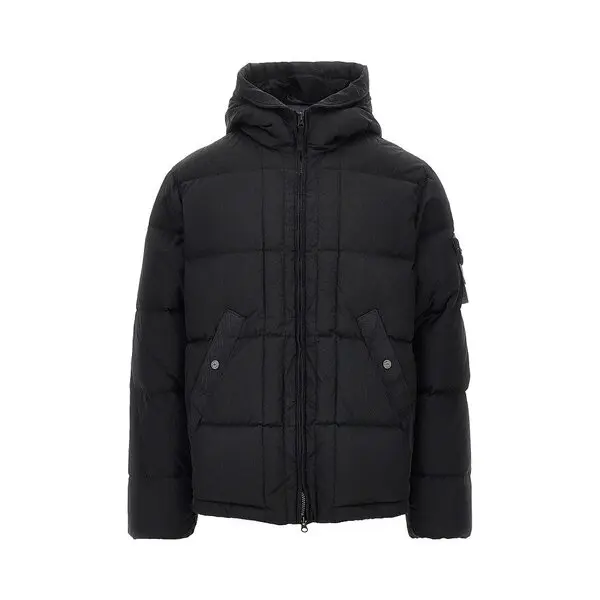 Stone Island Padded Nylon Metal Down Jacket With Hood And Zip Closure - Black