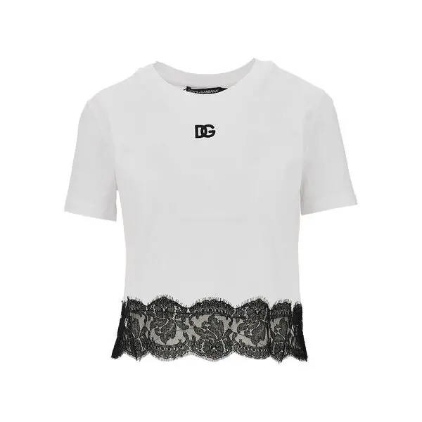 Dolce & Gabbana Cropped T-shirt With Lace Trimming - White