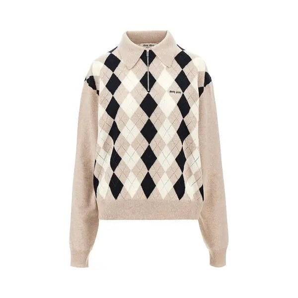 Miu Miu Argyle Cashmere Polo Sweater - Beige