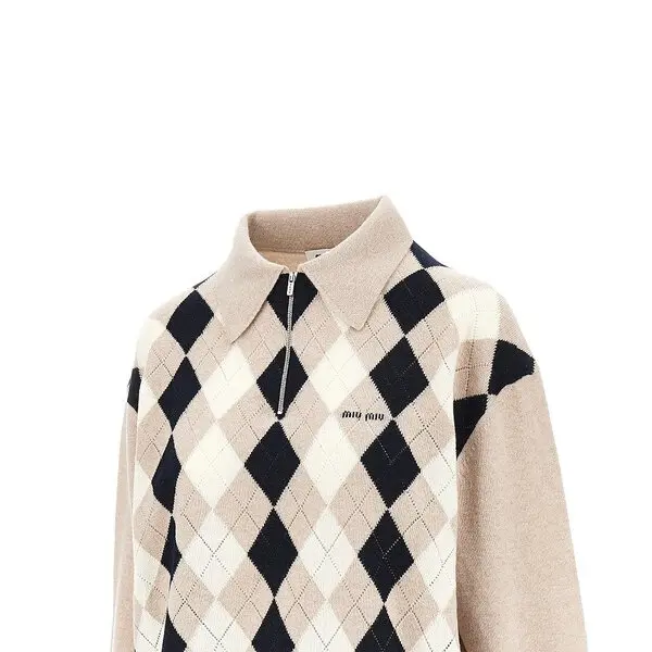 Miu Miu Argyle Cashmere Polo Sweater - Beige
