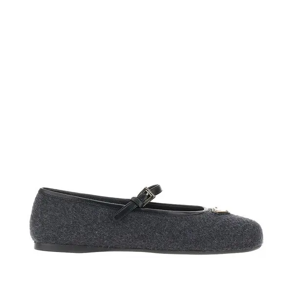 Prada Wool Ballerina Flats With Triangle Logo And Adjustable Strap - Grey