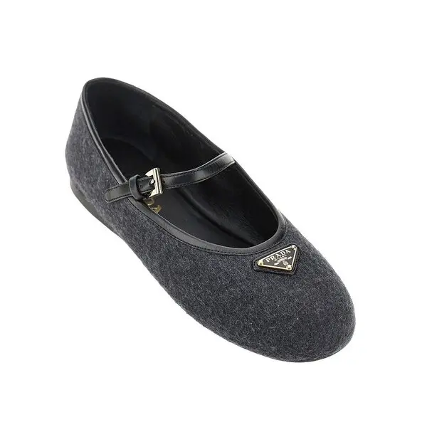 Prada Wool Ballerina Flats With Triangle Logo And Adjustable Strap - Grey