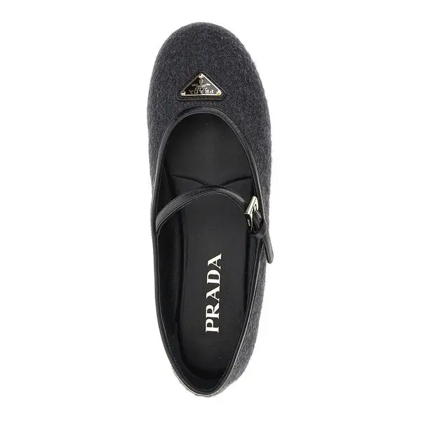 Prada Wool Ballerina Flats With Triangle Logo And Adjustable Strap - Grey