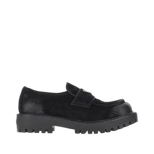 Prada Suede Leather Loafers With Logo And Lug Sole
