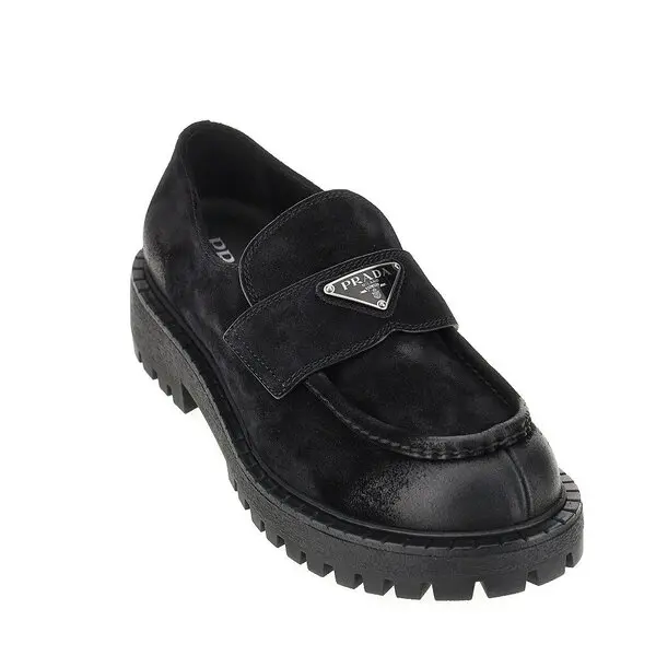 Prada Suede Leather Loafers With Logo And Lug Sole
