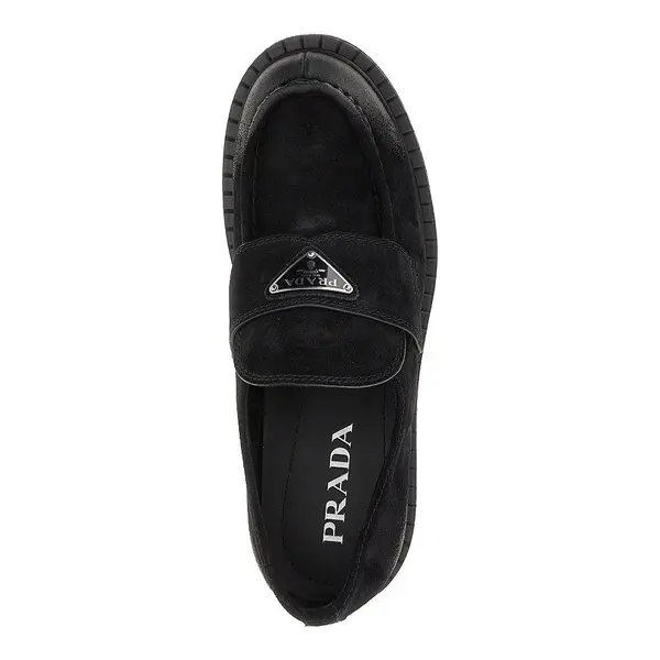 Prada Suede Leather Loafers With Logo And Lug Sole