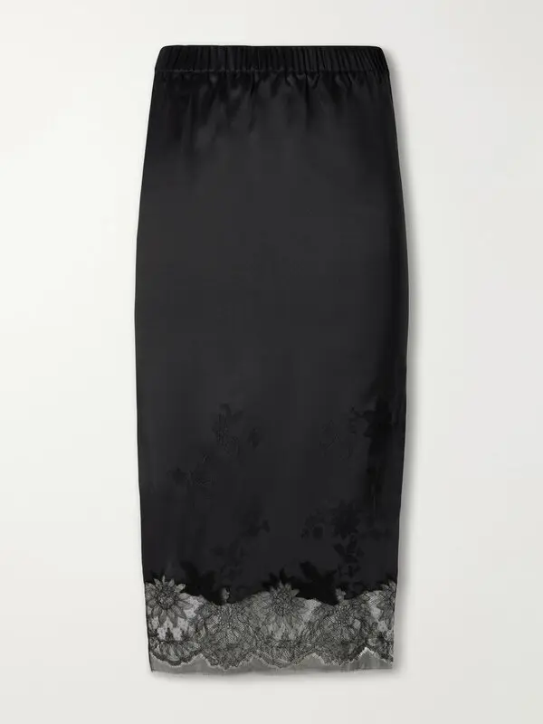 Carine Gilson Lace-trimmed Silk-satin Midi Skirt - Black