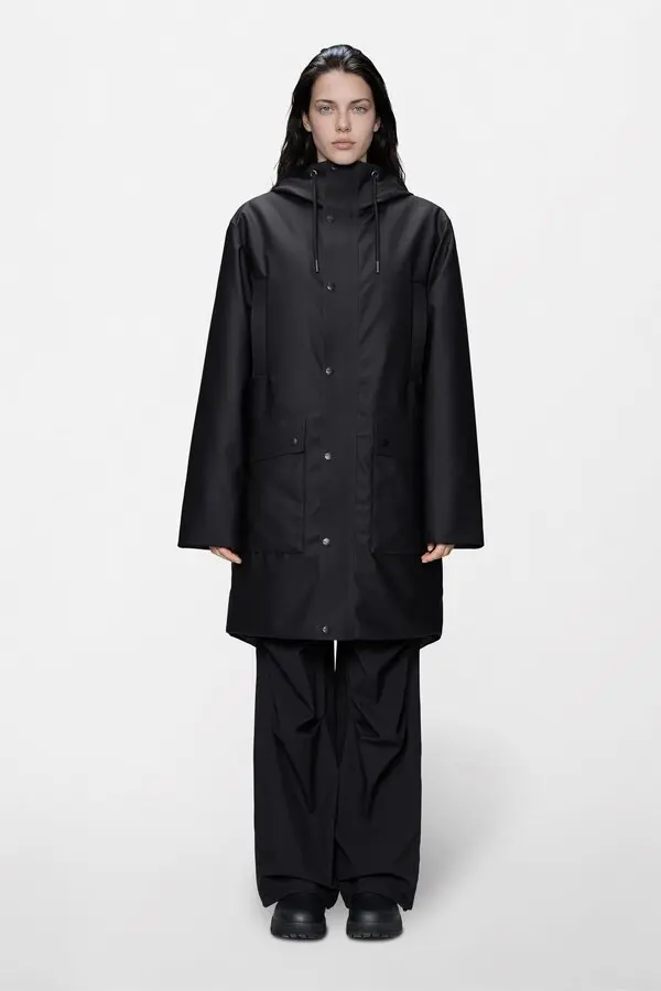 Rains Nome Long Parka With Hood And Cargo Pockets - Black