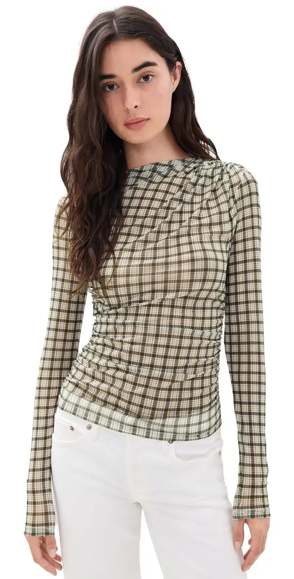 Veronica Beard Nuivina Ruched Checked Mesh Top - Loden Multi