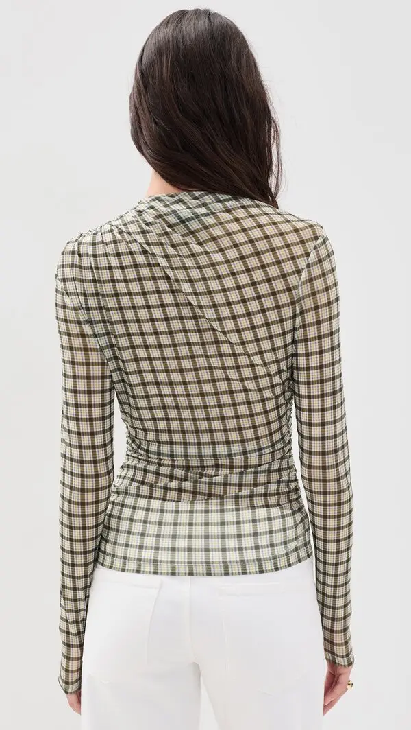Veronica Beard Nuivina Ruched Checked Mesh Top - Loden Multi