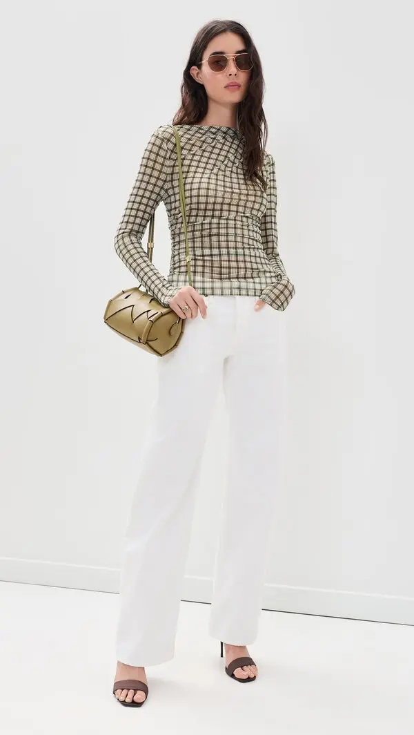 Veronica Beard Nuivina Ruched Checked Mesh Top - Loden Multi