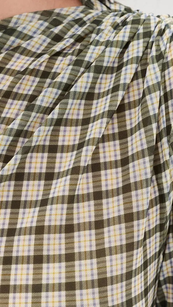 Veronica Beard Nuivina Ruched Checked Mesh Top - Loden Multi