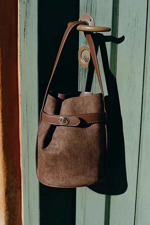 Anthropologie Faux Suede Buckle Bucket Bag - Tan