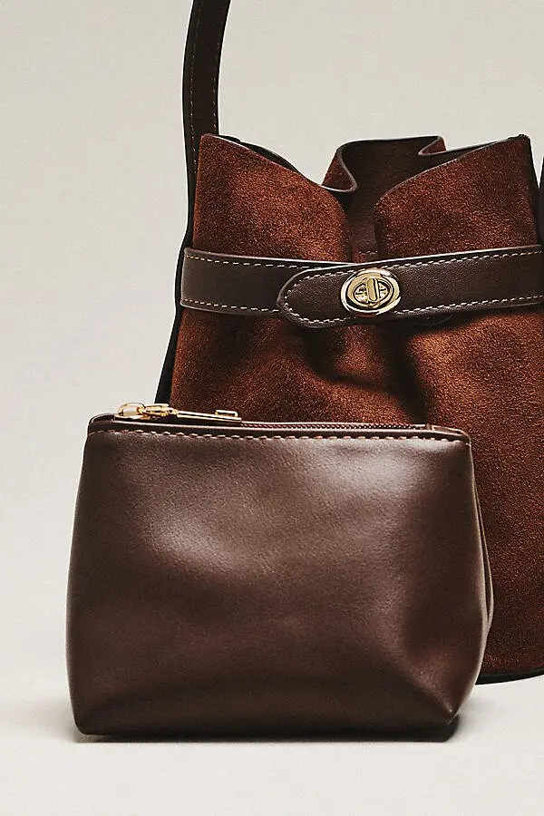Anthropologie Faux Suede Buckle Bucket Bag - Tan