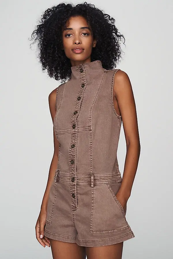PILCRO Sleeveless Funnel-neck Denim Romper - Taupe