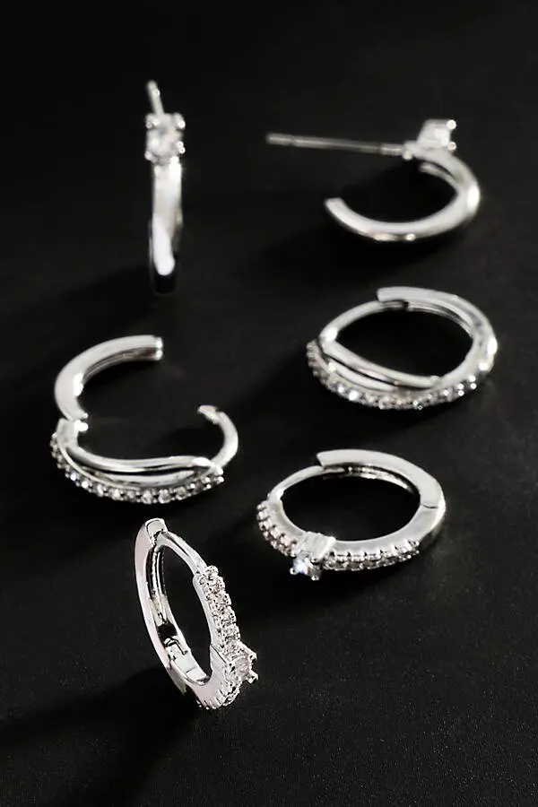Anthropologie Demi-fine Tennis Hoop Earrings, Set Of 3 - Silver