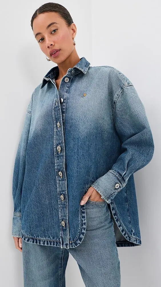 Attico Bomber Denim Button Down Shirt - Sky Blue