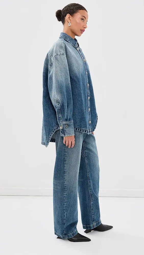 Attico Bomber Denim Button Down Shirt - Sky Blue