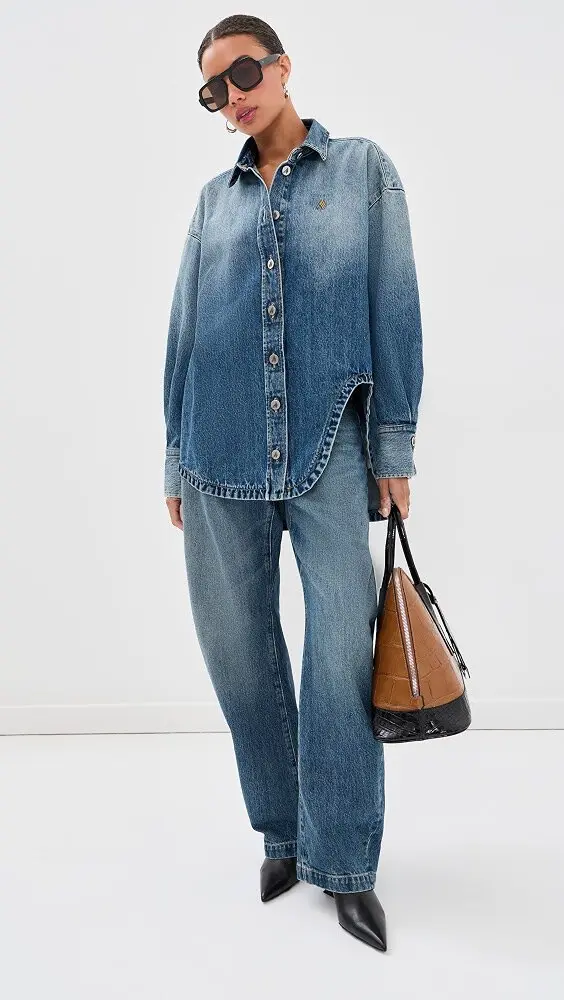 Attico Bomber Denim Button Down Shirt - Sky Blue