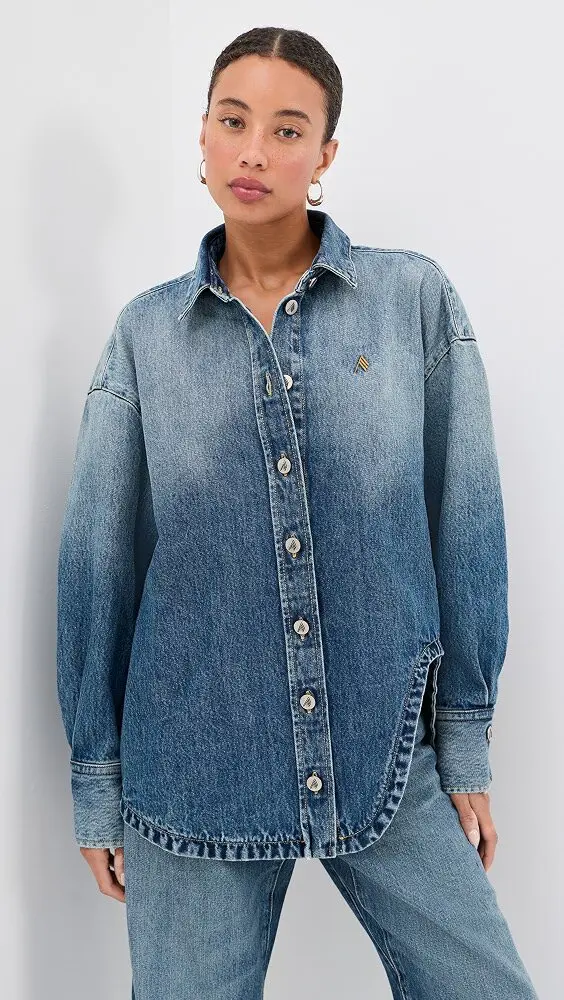 Attico Bomber Denim Button Down Shirt - Sky Blue