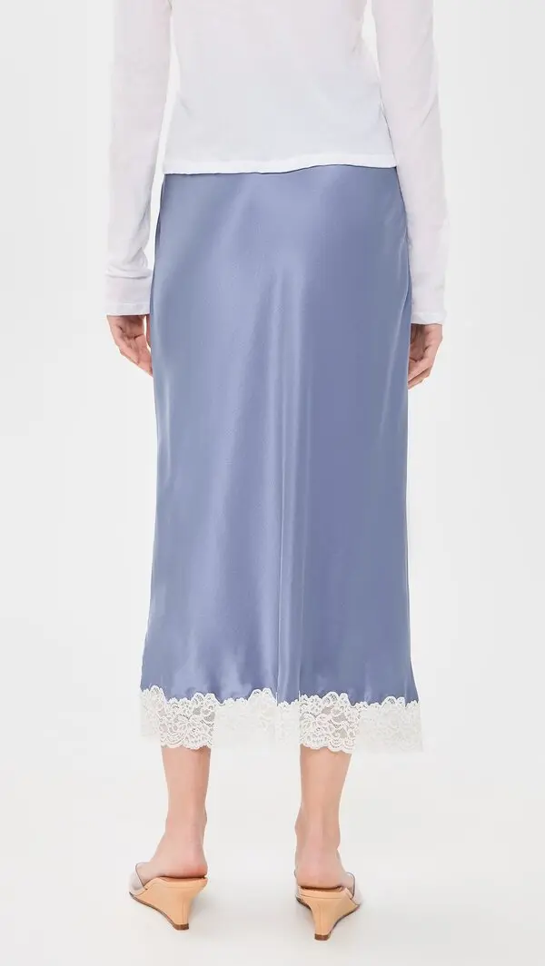 LoveShackFancy Janella Silk Blend Satin Midi Skirt With Lace Trim - Weathered Blue