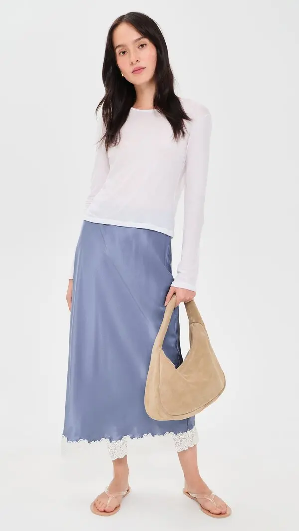 LoveShackFancy Janella Silk Blend Satin Midi Skirt With Lace Trim - Weathered Blue
