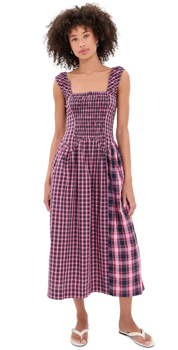 DAMSON MADDER Mallory Midi Dress With Checked Pattern And Shirred Bodice - Magenta