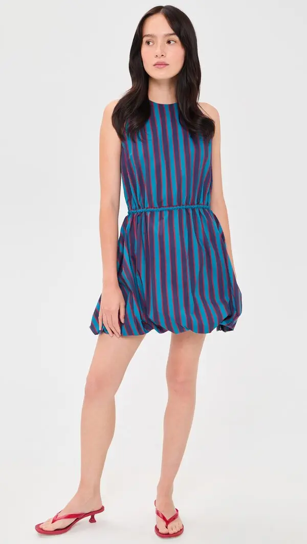 Staud Molly Mini Dress With Bubble Hem And Tie Detail - Potter Stripe