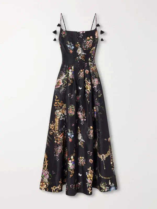 Camilla Flamenco Folklore Floral-print Linen And Silk-blend Dupioni Midi Dress - Multi