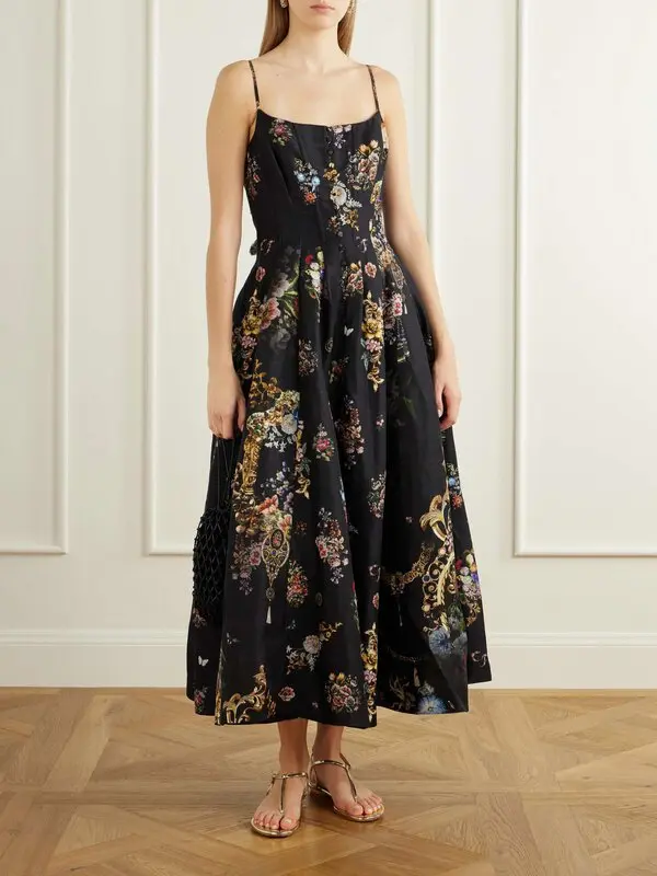Camilla Flamenco Folklore Floral-print Linen And Silk-blend Dupioni Midi Dress - Multi