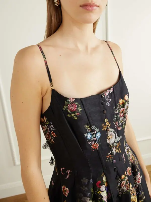 Camilla Flamenco Folklore Floral-print Linen And Silk-blend Dupioni Midi Dress - Multi