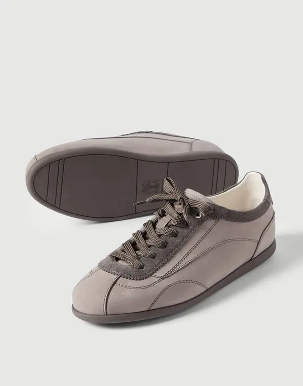 Brunello Cucinelli Nubuck And Suede Lace-up Sneakers With Slim Outsole - Stone Gray