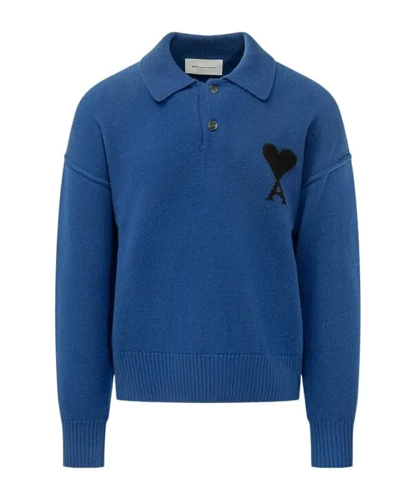 AMI Paris Long Sleeve Knit Polo With Heart Logo