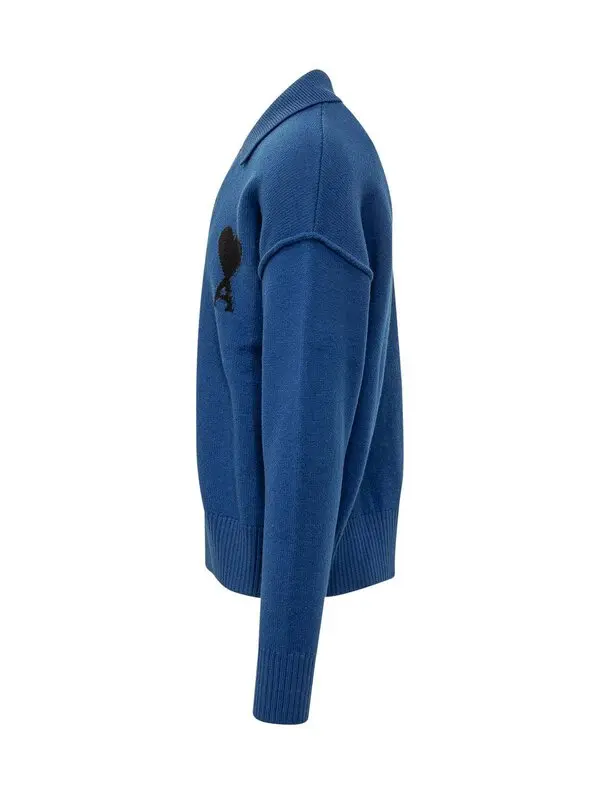 AMI Paris Long Sleeve Knit Polo With Heart Logo