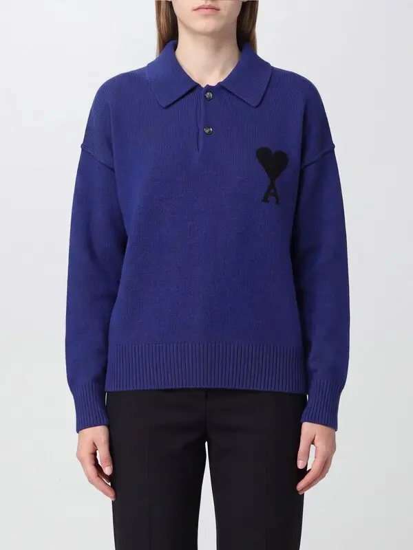 AMI Paris Long Sleeve Knit Polo With Heart Logo