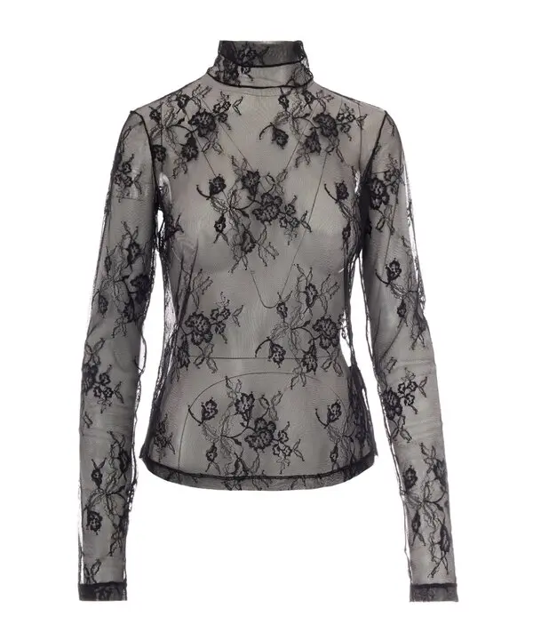 Patrizia Pepe Lace Overlay High Neck Long Sleeve Top