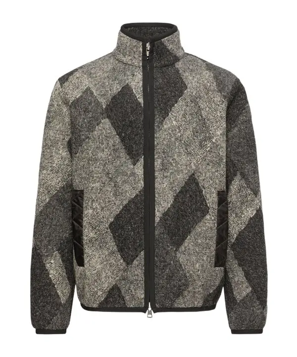 Moncler Diamond Pattern Wool Blend Zip-up Cardigan - Grey